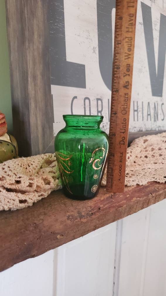 Vintage Emerald Green and Gold Floral Vase Small Retro - Etsy