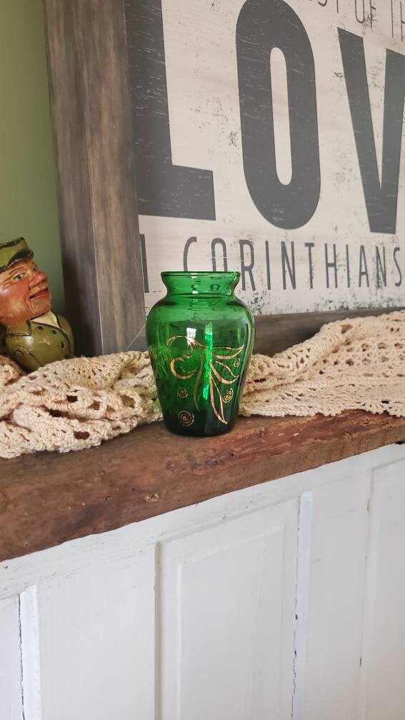 Vintage Emerald Green and Gold Floral Vase Small Retro - Etsy