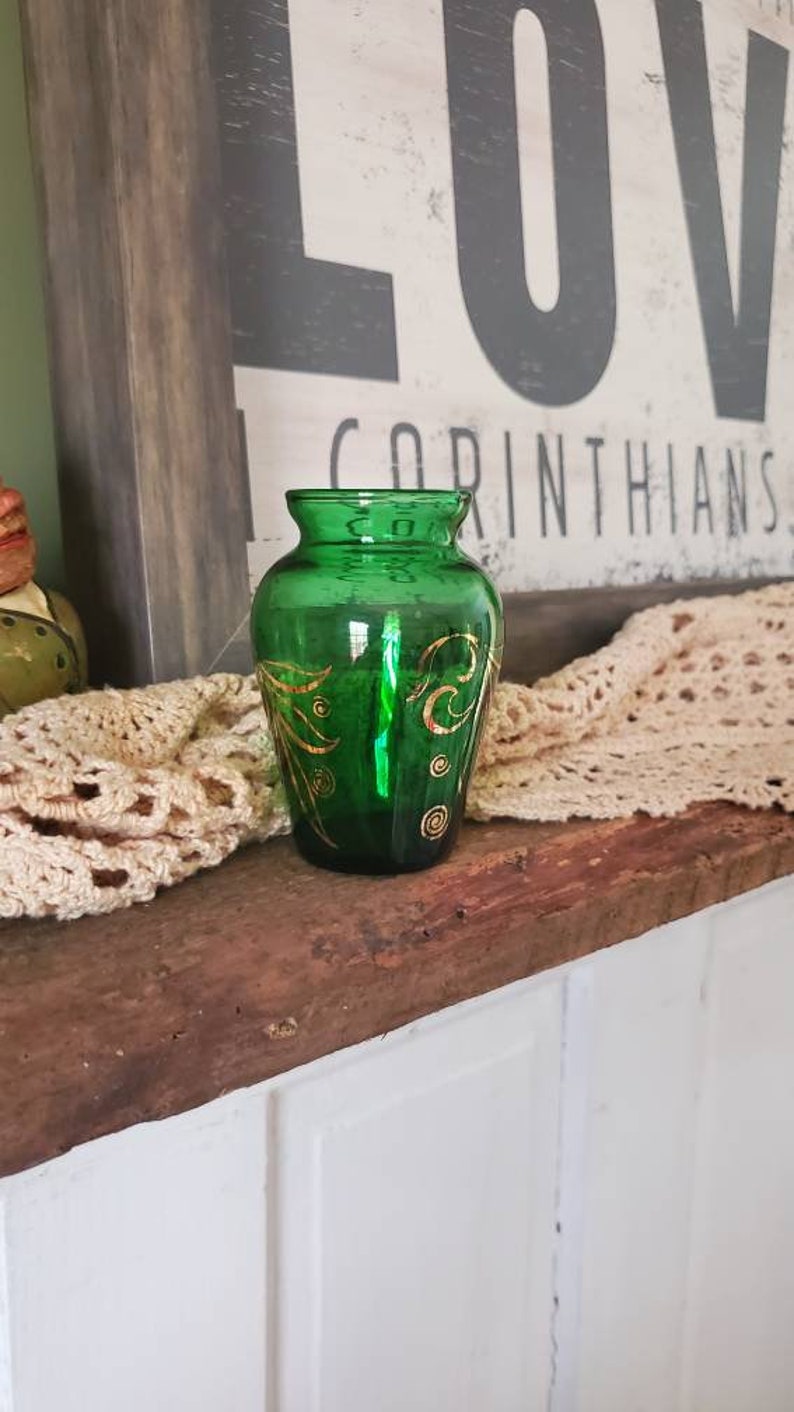 Vintage Emerald Green and Gold Floral Vase Small Retro - Etsy