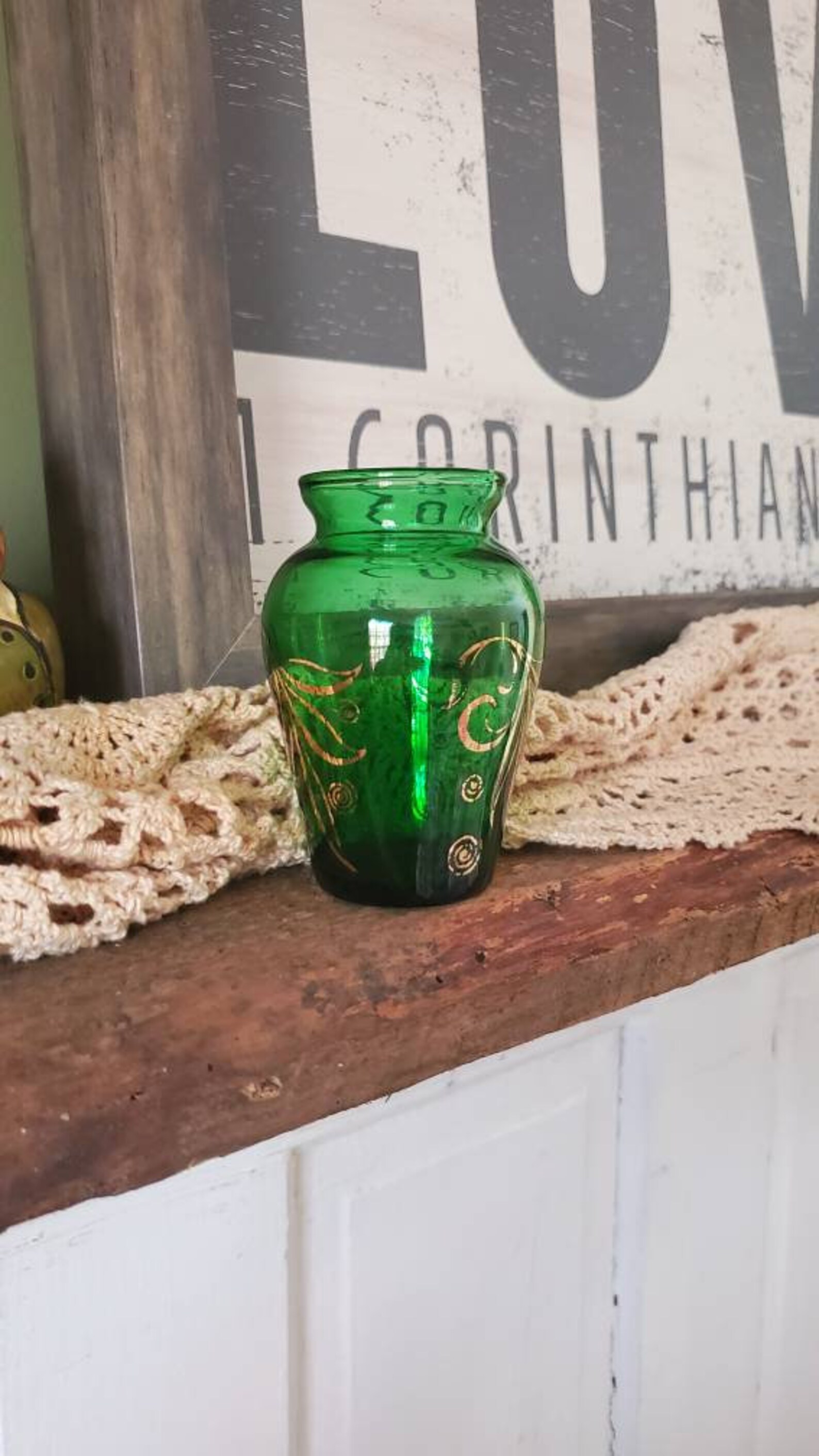 Vintage Emerald Green and Gold Floral Vase Small Retro - Etsy
