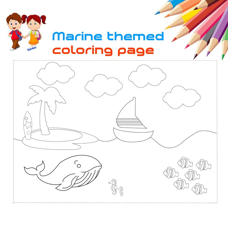 Marine Coloring Page for Kids – Whale, Island & Sailboat Printable ...