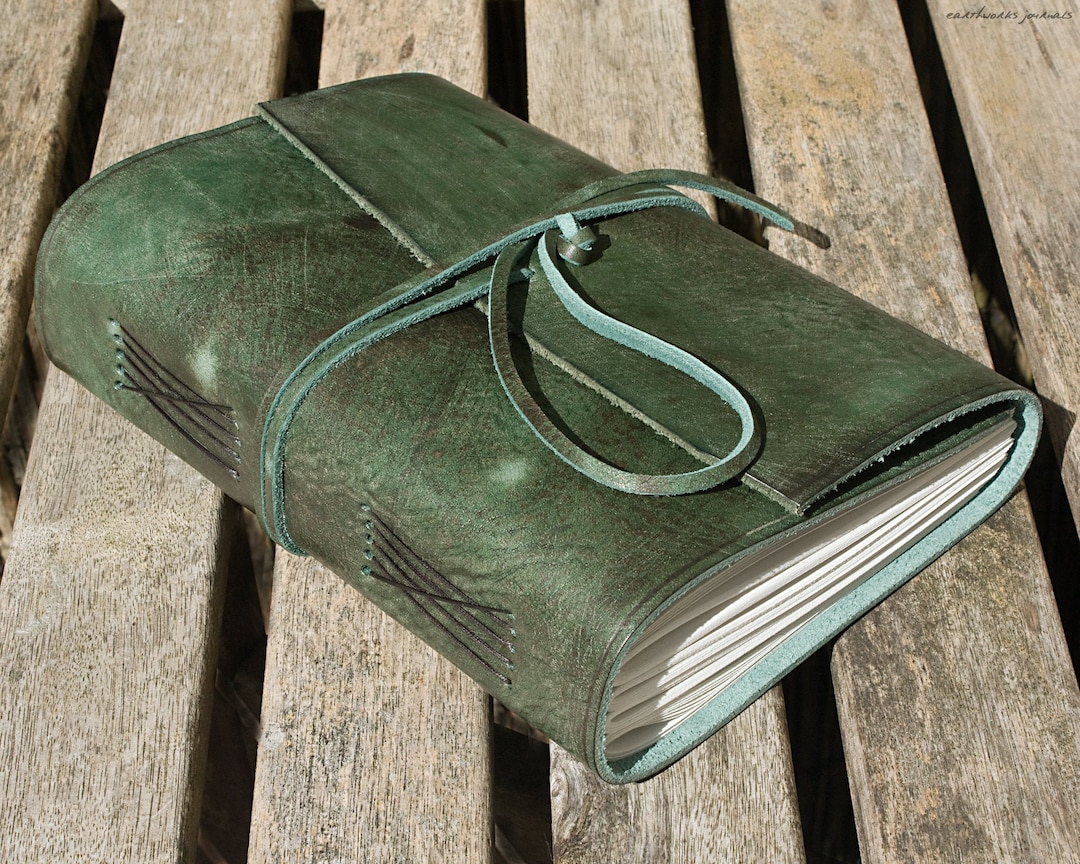 Personalised Leather Journal in Distressed Green, Leather Bound Travel ...