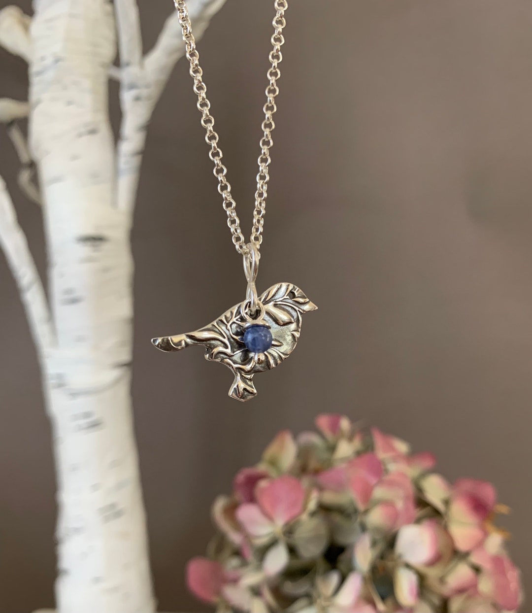 Sterling Bird Charm Pendant, Hand Stamped Patterned Pendant, Blue ...