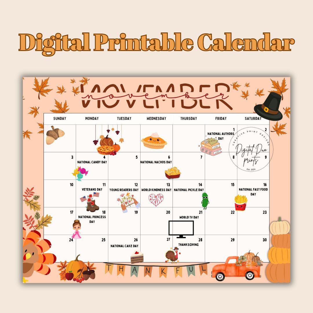 Digital November Calendar Printable November 2024 Calendar Homeschool ...