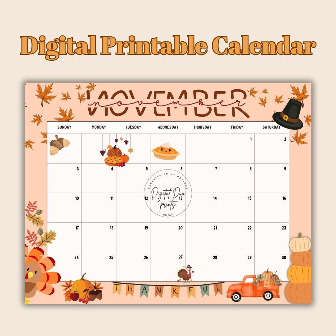 Digital November Calendar Printable November 2024 Calendar Homeschool ...