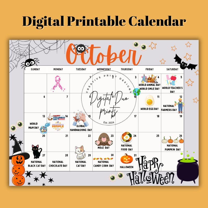 Digital October Calendar Printable October 2024 Calendar Homeschool ...