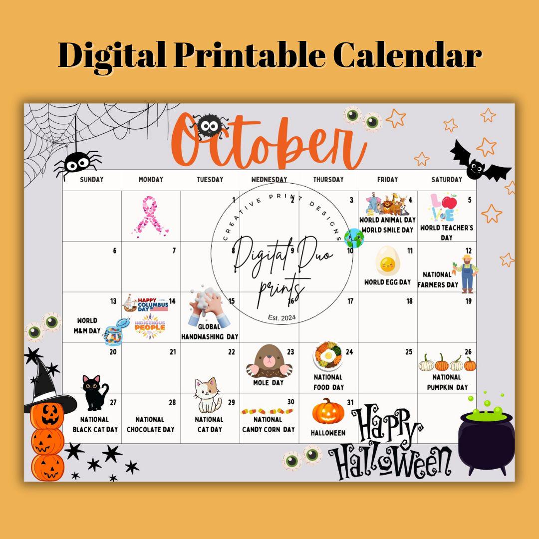 Digital October Calendar Printable October 2024 Calendar Homeschool ...