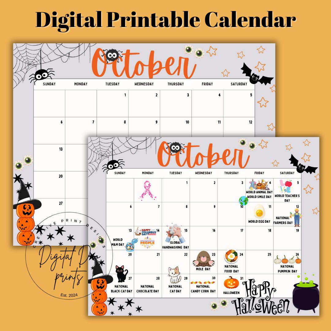 Digital October Calendar Printable October 2024 Calendar Homeschool ...