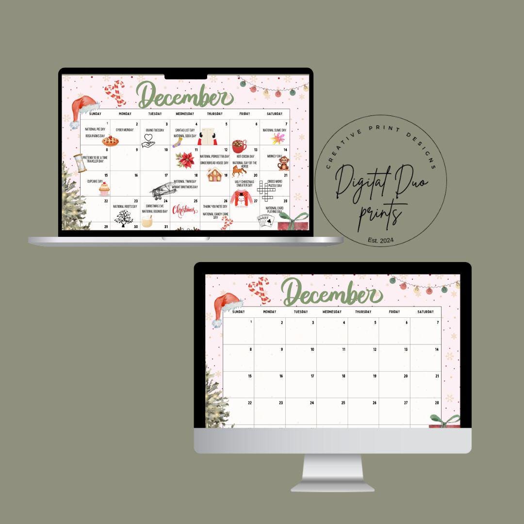Digital December Calendar Printable December 2024 Calendar Homeschool ...