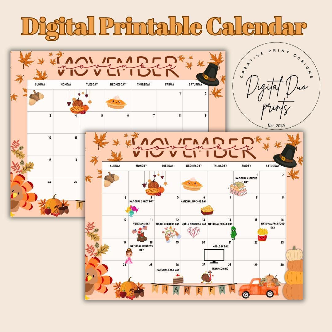 Digital November Calendar Printable November 2024 Calendar Homeschool ...