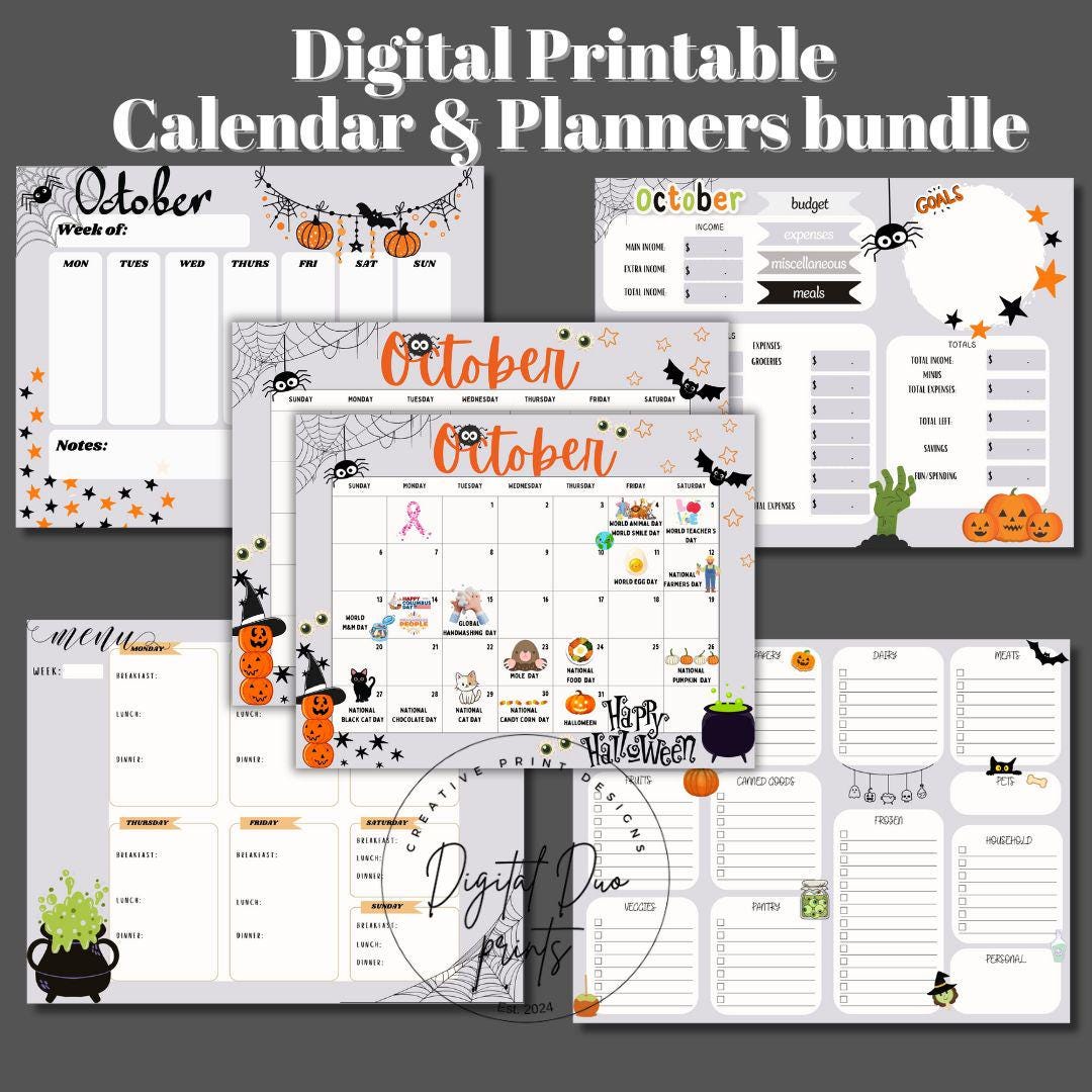 Digital Calendar Planner Bundle Set October Printable Calendar Planner ...