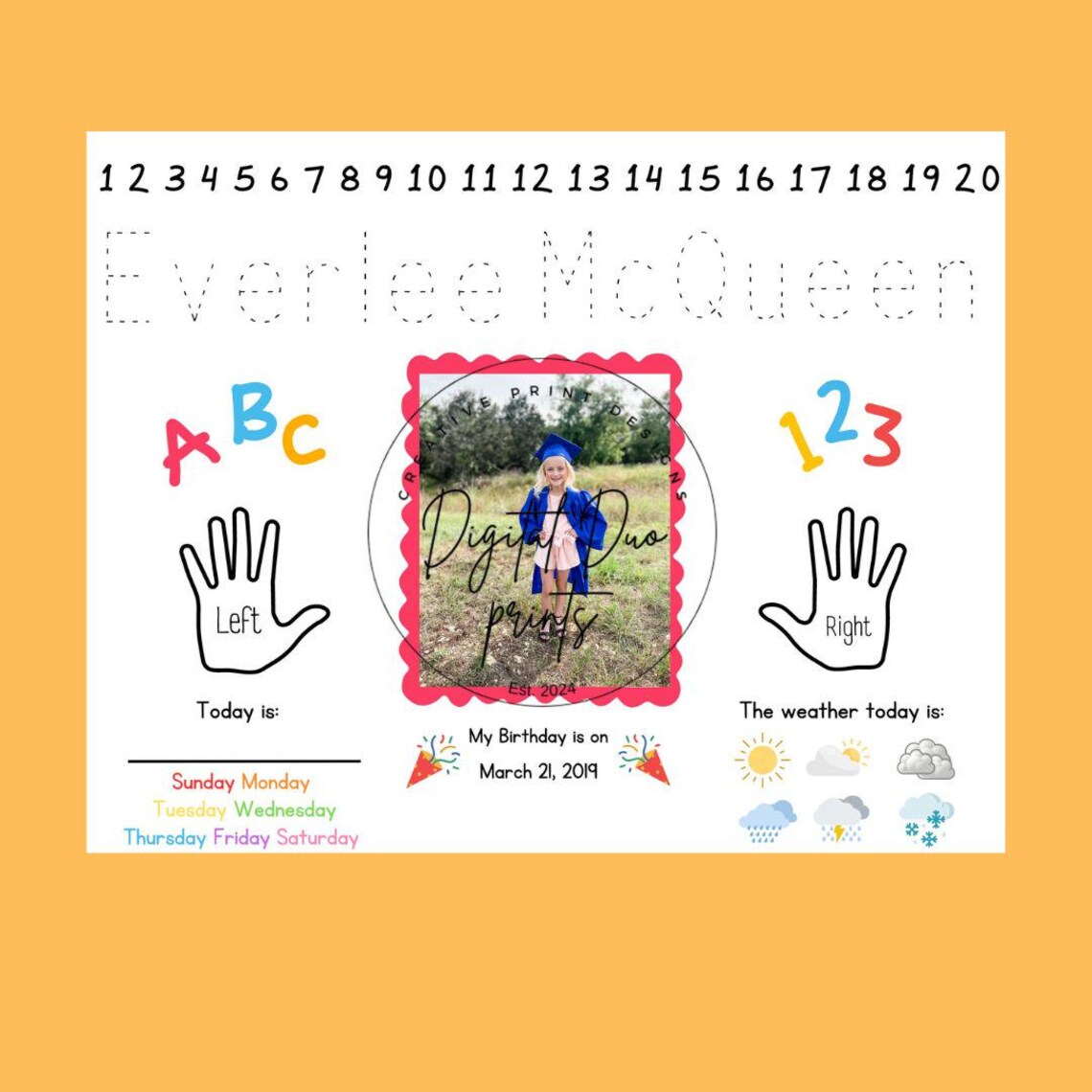 4-10 Personalized Downloadable Printable Placemat Preschool ...