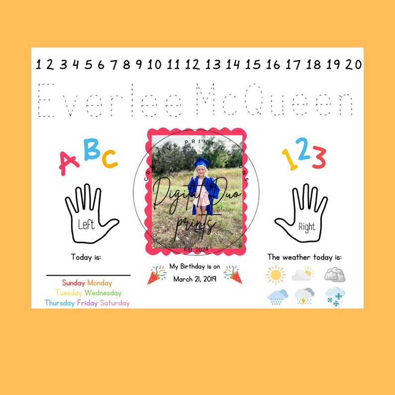 4-10 Personalized Downloadable Printable Placemat Preschool ...