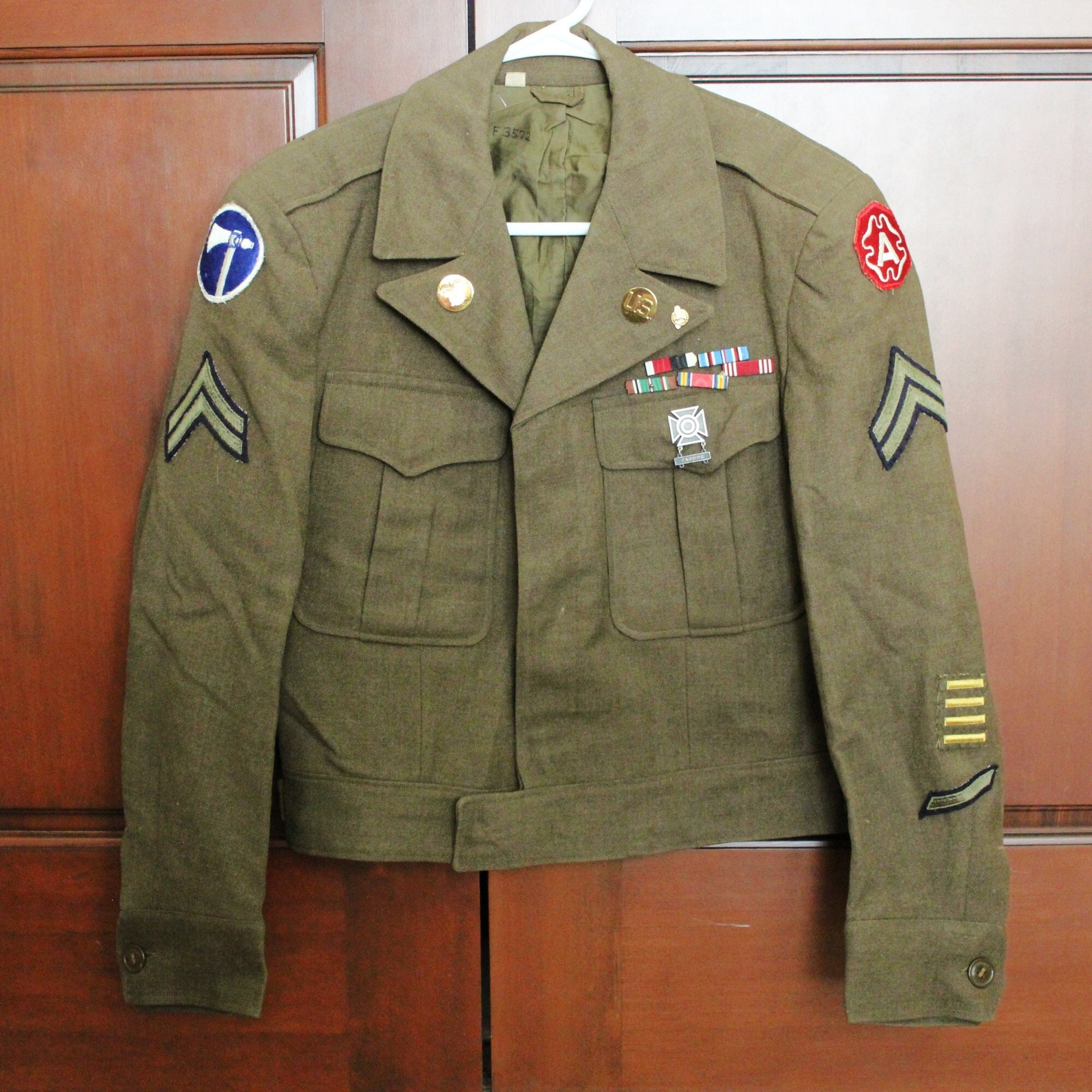 WWII Military Ike Style Jacket, 1940s with Patches, Pins and Badges ...