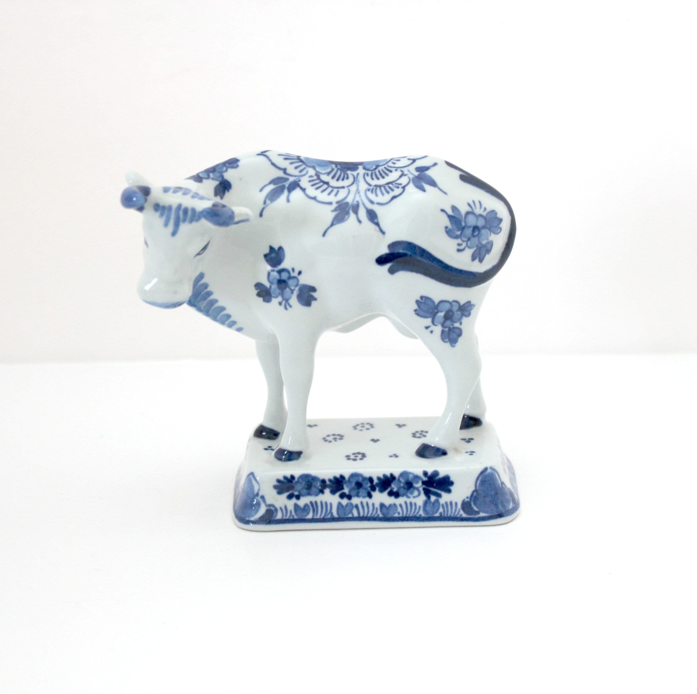 Vintage Delft Blue Cow Figurine, Delftware Pottery Floral Cow Figure