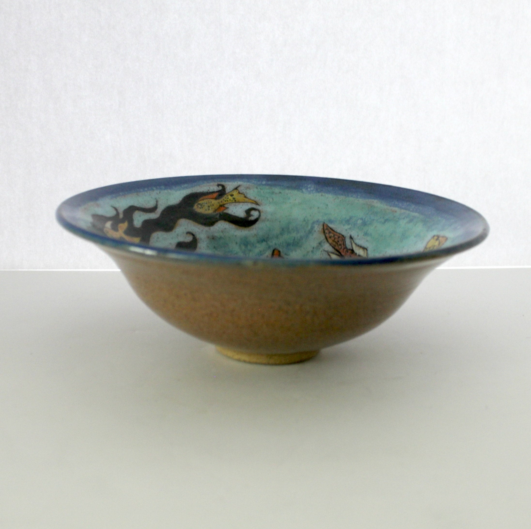 Dee Cox Mermaid Bowl, Vintage 80s Blue Fish Ocean Art Studio Pottery