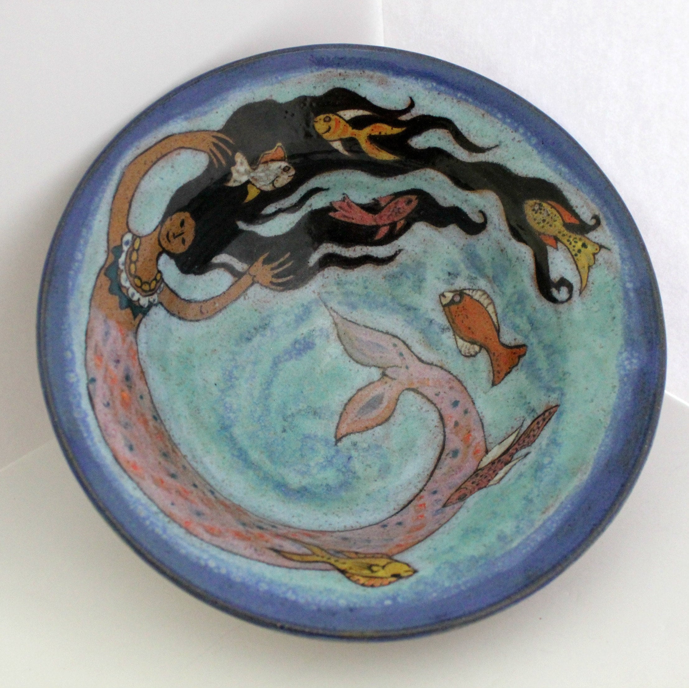 Dee Cox Mermaid Bowl, Vintage 80s Blue Fish Ocean Art Studio Pottery