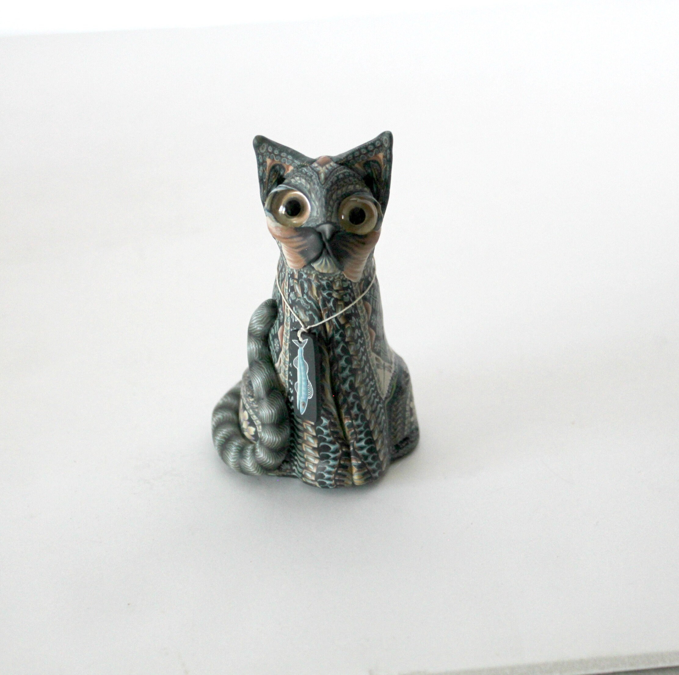Jon Anderson Fimo Cat Sitting, Polymer Clay Art Figurine