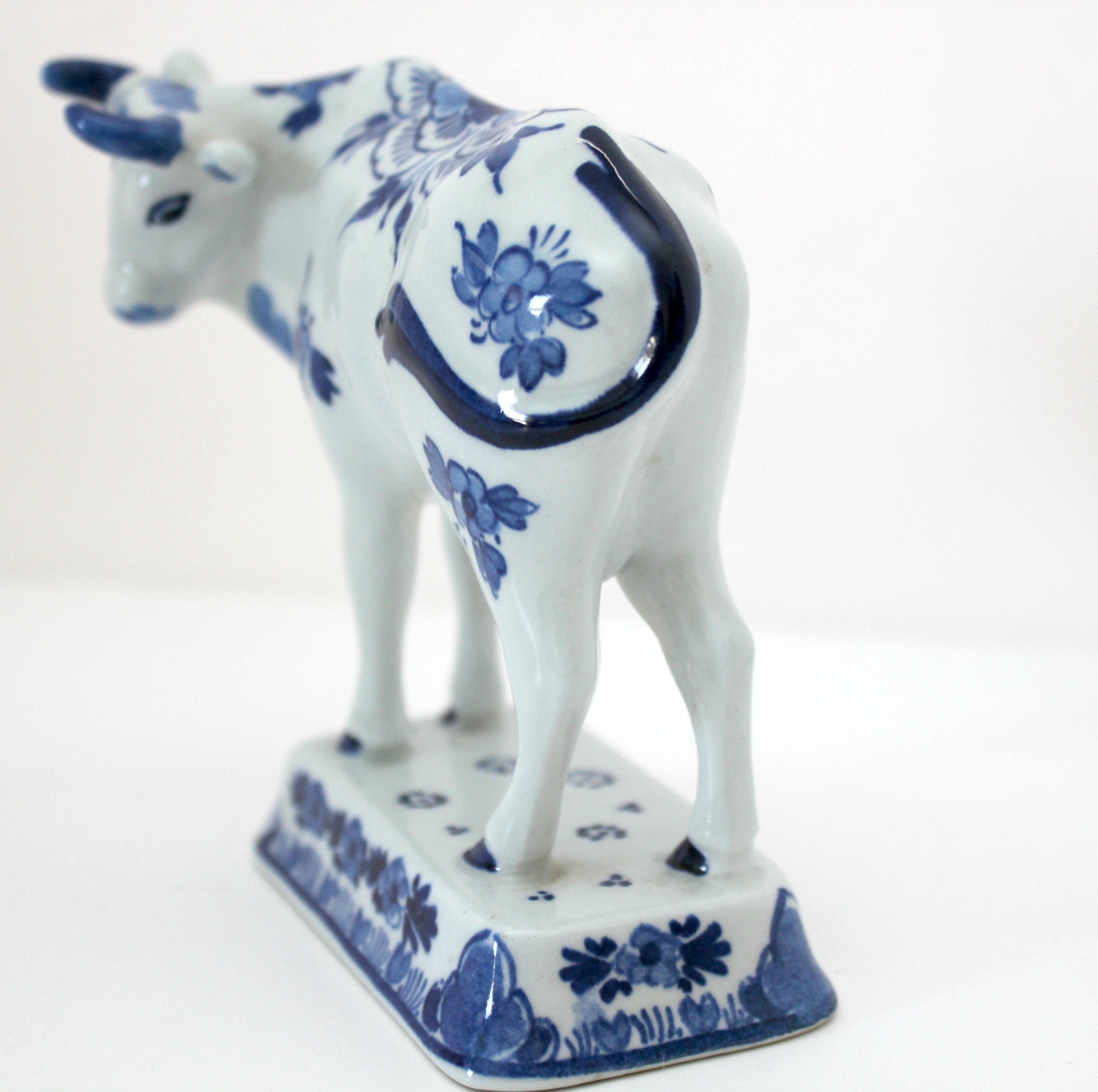 Vintage Delft Blue Cow Figurine, Delftware Pottery Floral Cow Figure
