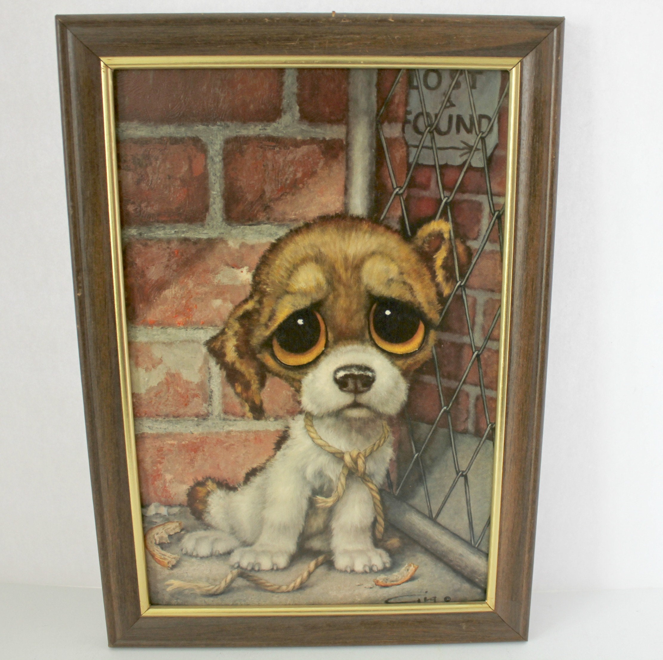 Pair Vintage Big Sad Eye Dog Prints by Gig | Pity Puppy Framed Puppies