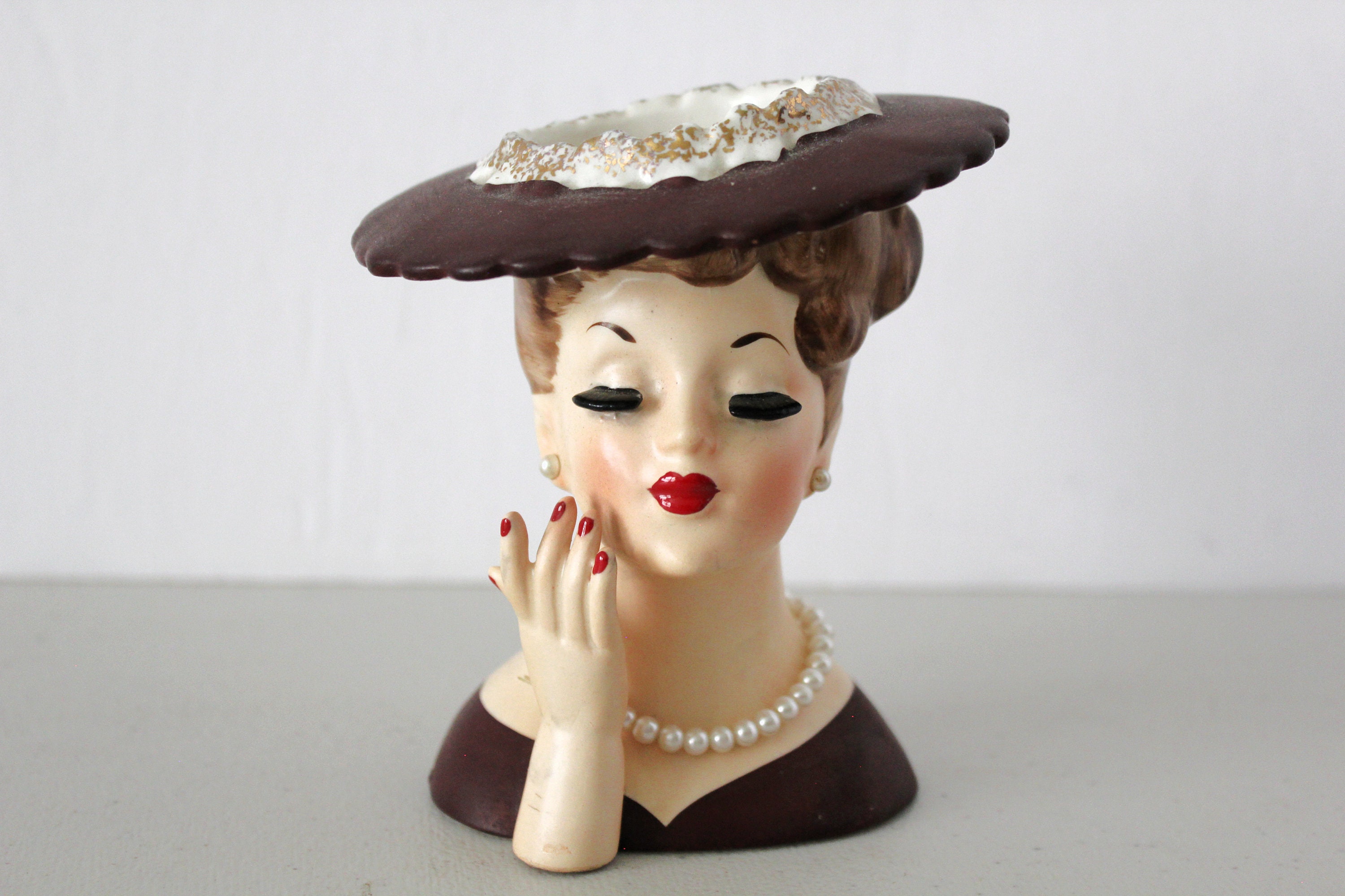 Napco Head Vase 1958 C3343B Lady with Hat and Pearls