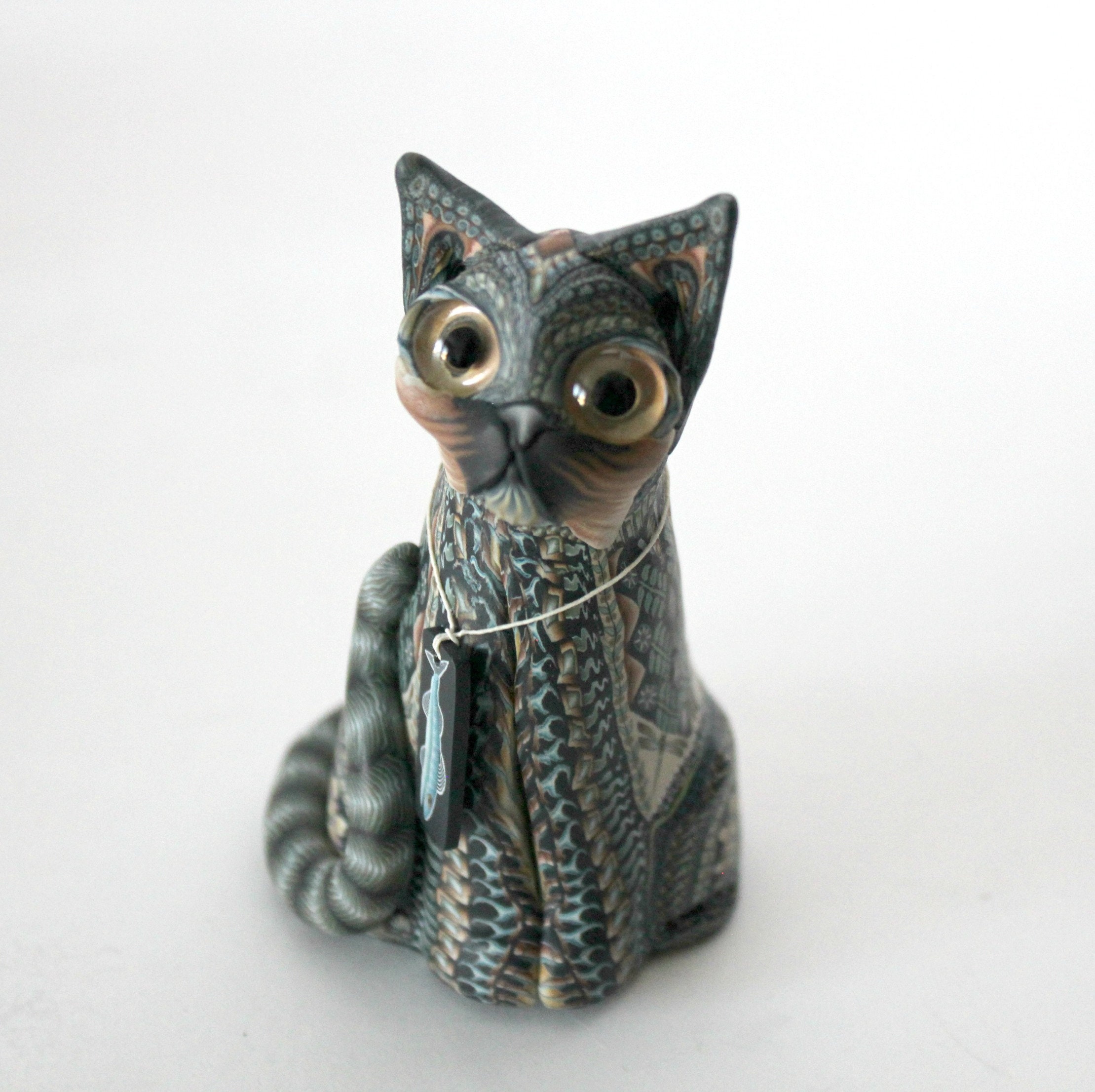 Jon Anderson Fimo Cat Sitting, Polymer Clay Art Figurine