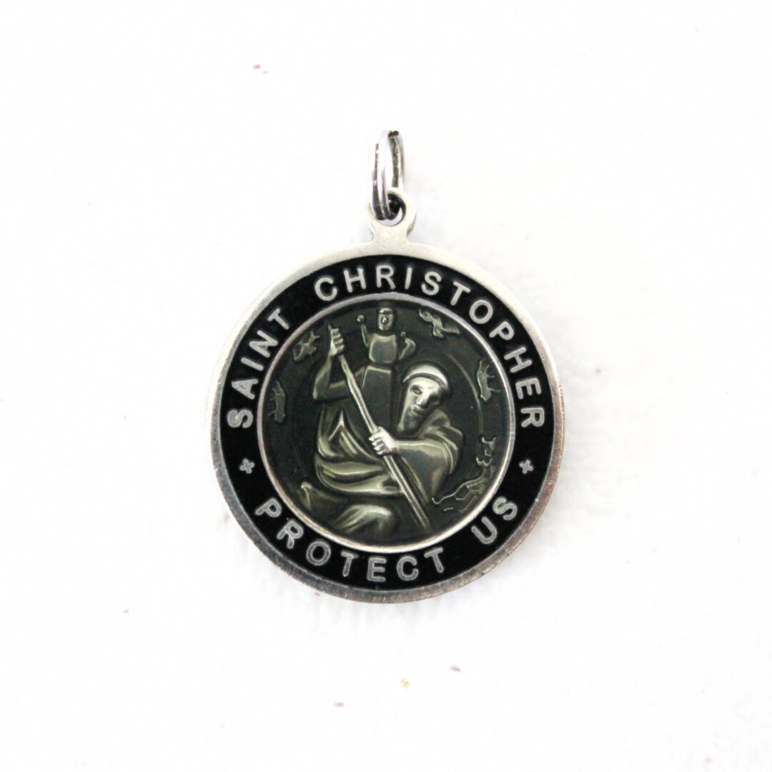 Saint Christopher Surfer Medal, Metal Enamel, Black With Gold Toned ...