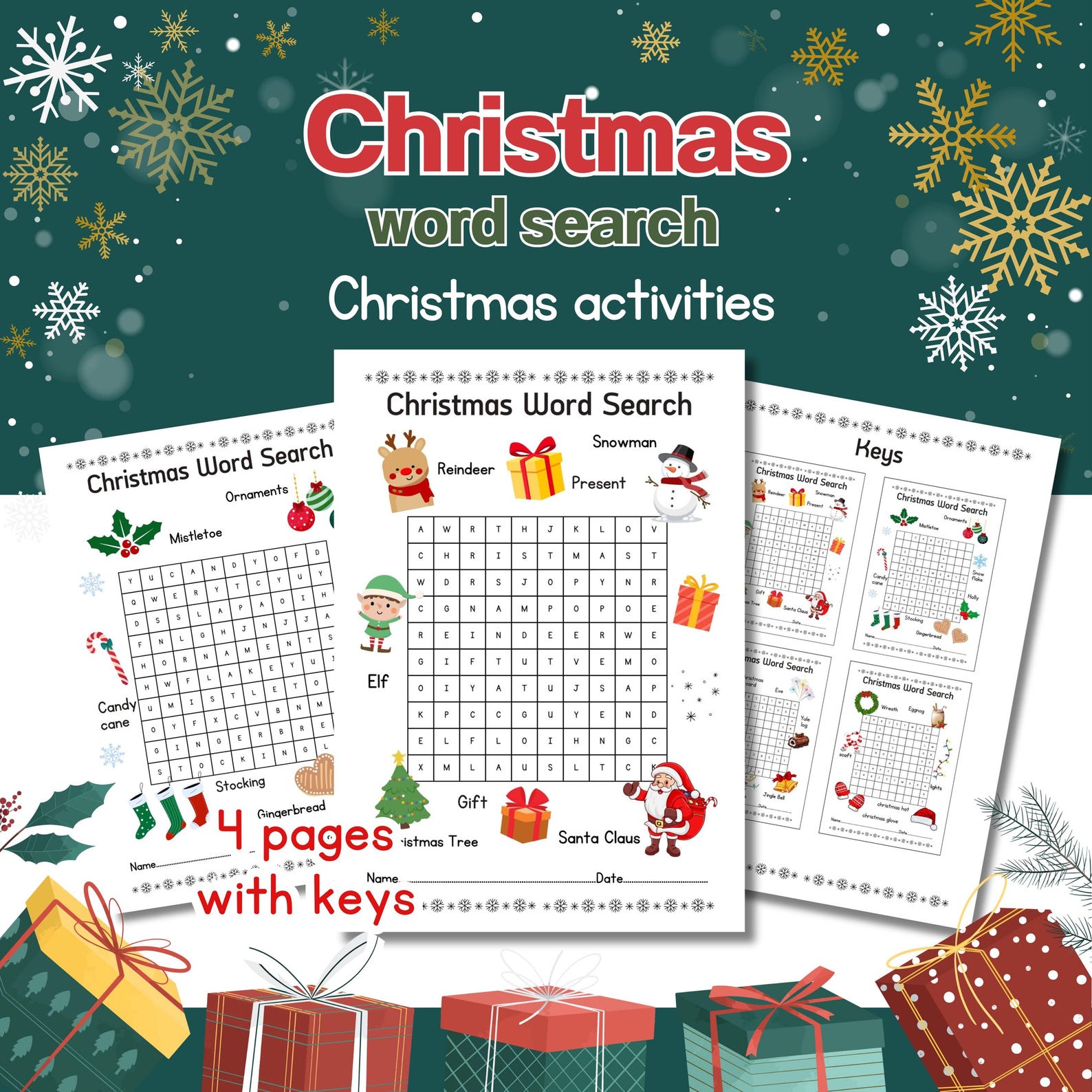 Fun Christmas Word Search Worksheets for Kids, Christmas Worksheet ...