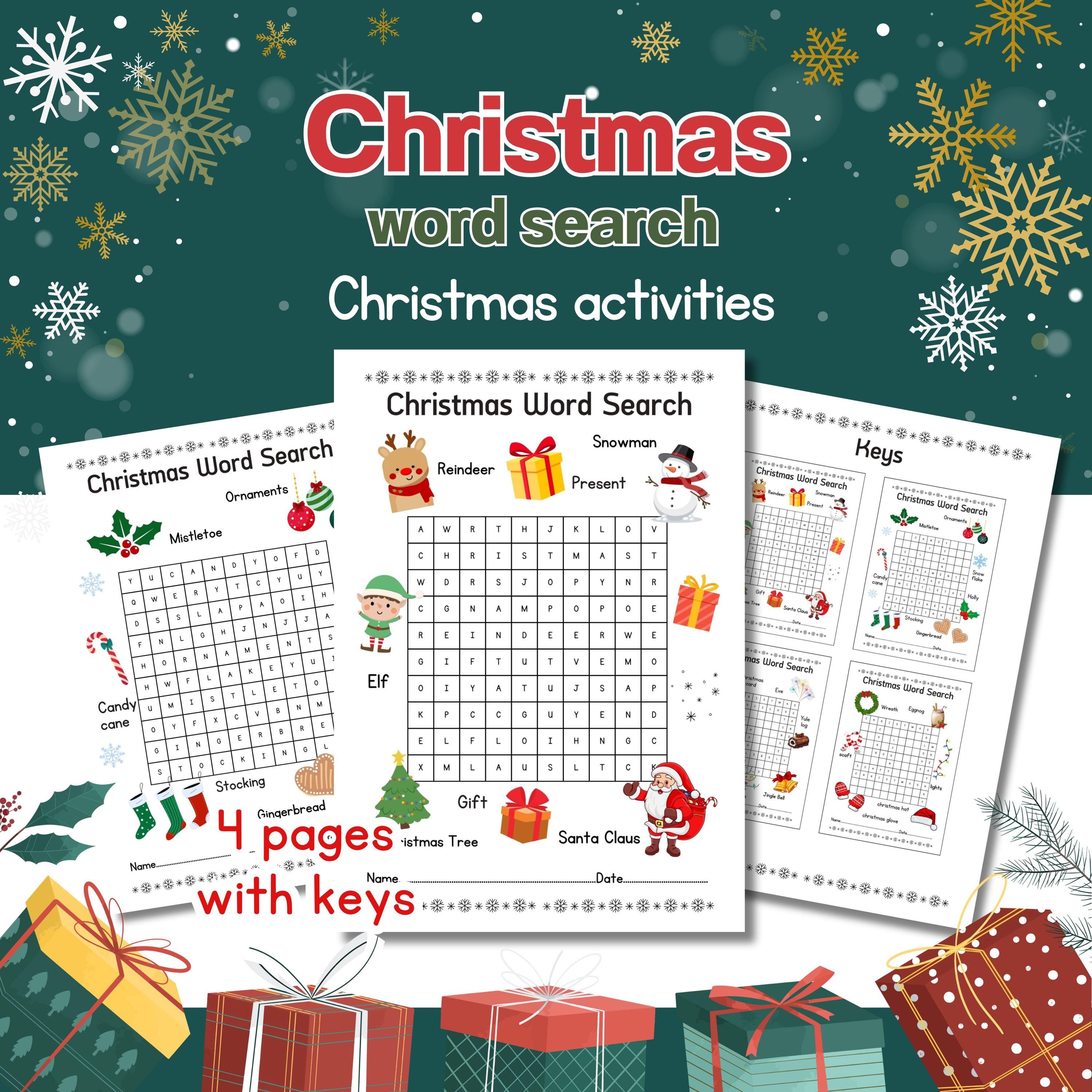 Fun Christmas Word Search Worksheets for Kids, Christmas Worksheet ...