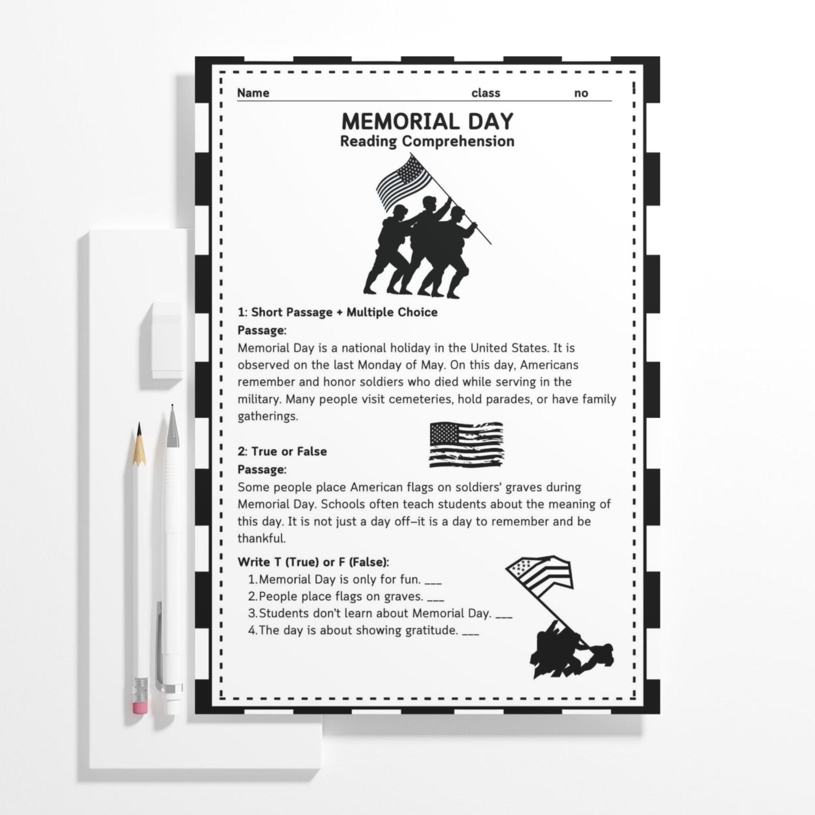 Memorial Day Reading Comprehension Worksheet: Grades 3-5 (PDF) - Etsy