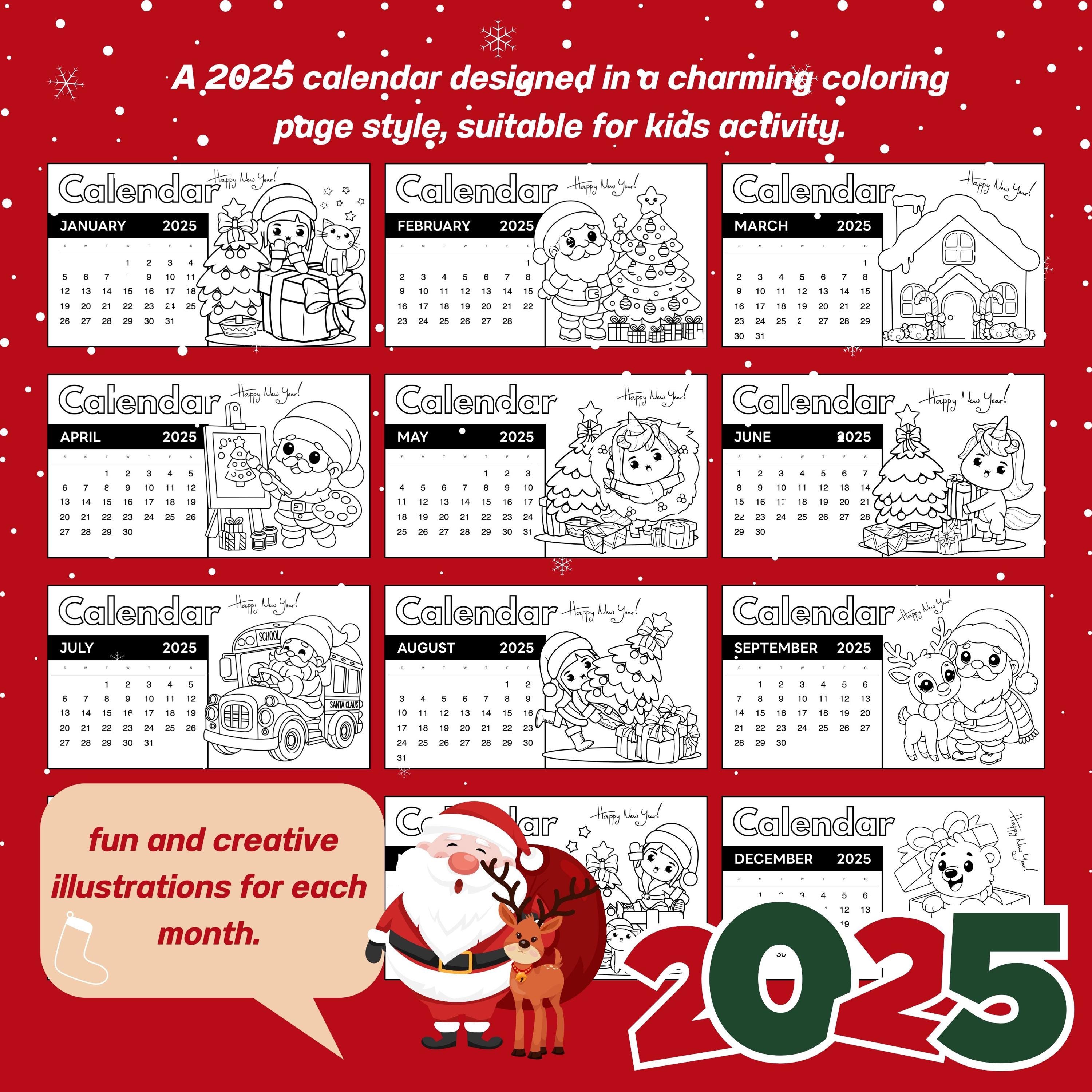 2025 Coloring Calendar, DIY Printable Calendar for Kids, Christmas ...