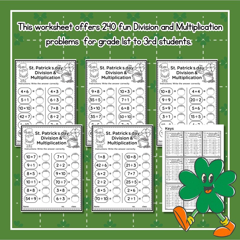 St. Patrick’s Day Division & Multiplication Worksheets for Grade 1st to ...