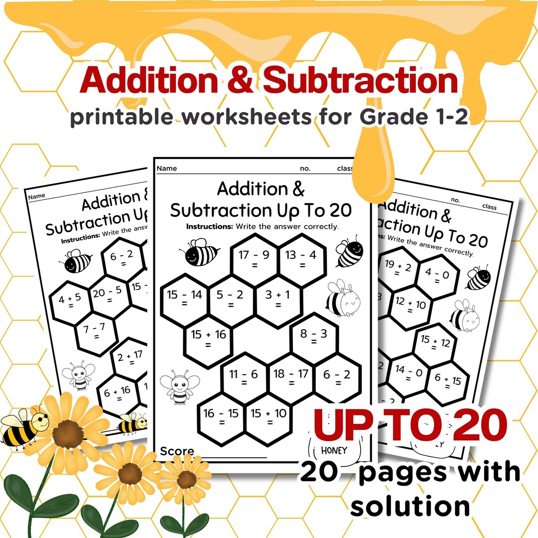 Addition and Subtraction up to 20 Worksheets for Grade 1-2, Math ...