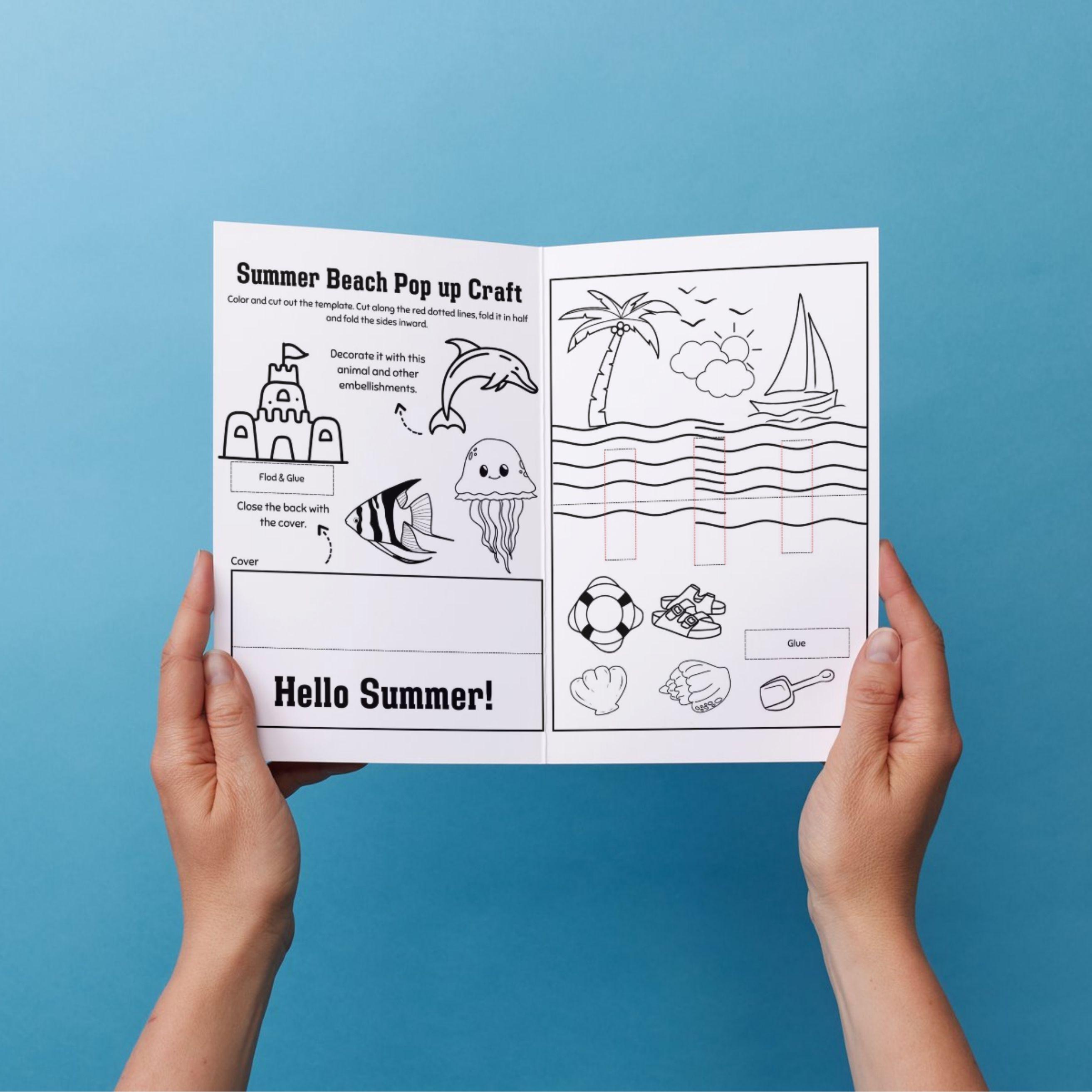 Summer Beach Pop-up Craft for Kids, Summer Coloring Activity, Beach ...