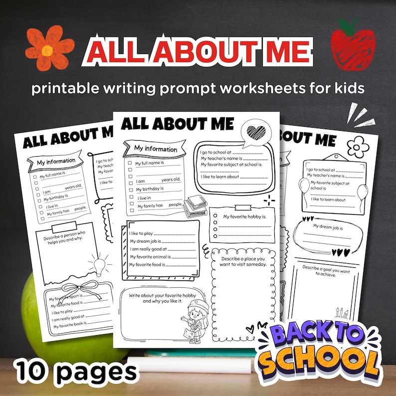 All About Me Writing Worksheets for Grades 2-6, Back to School Activity ...