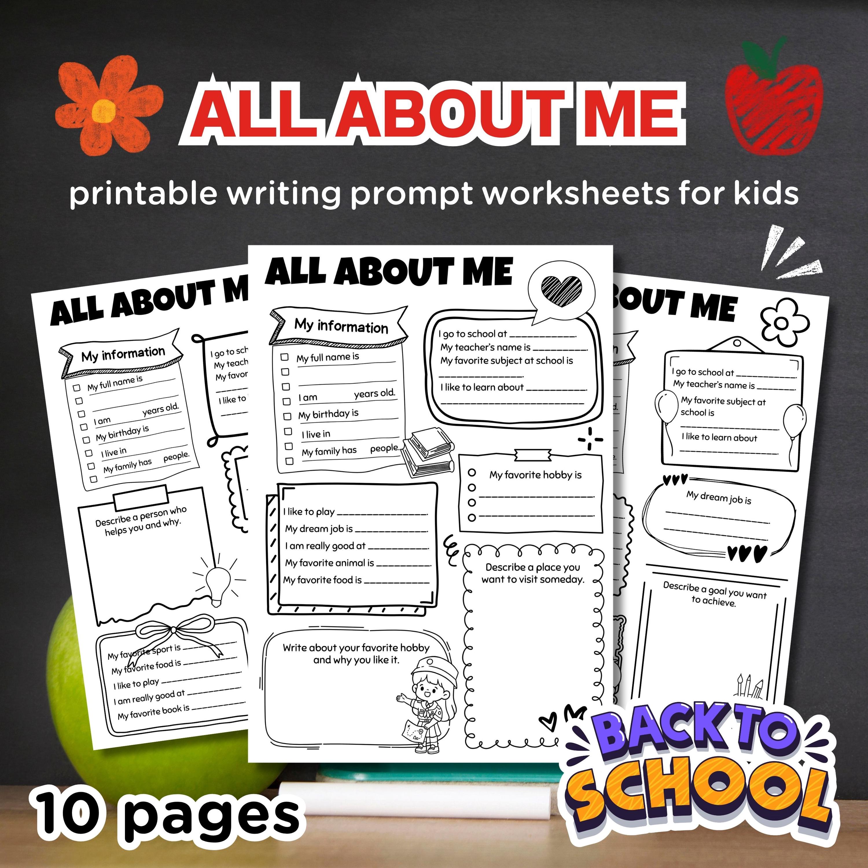 All About Me Writing Worksheets for Grades 2-6, Back to School Activity ...