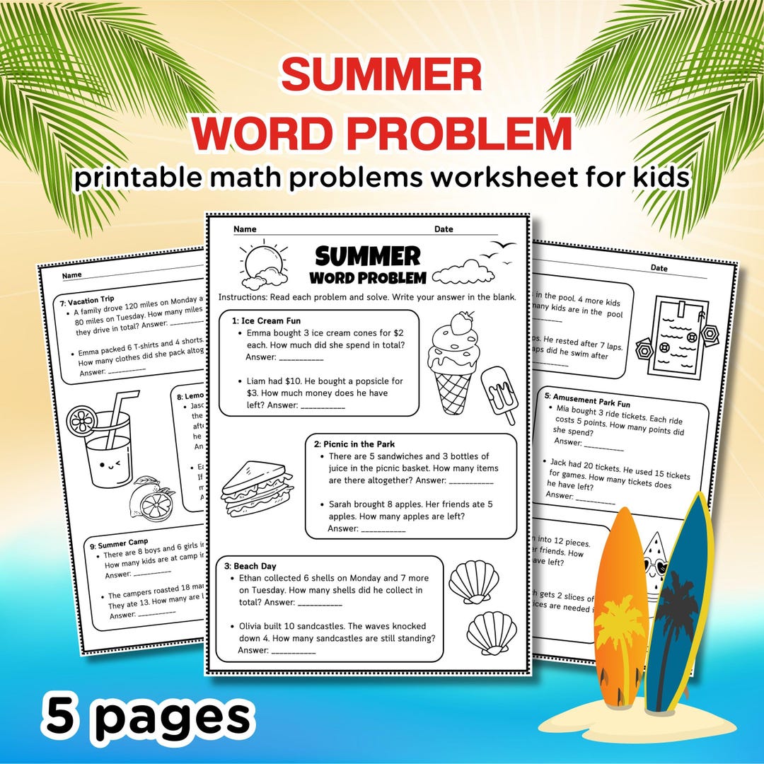 Summer Word Problem Worksheets for Grades 1–3, Math Practice With ...
