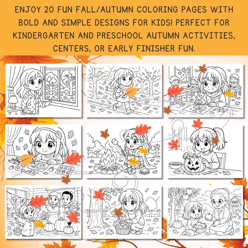 Fall Coloring Pages for Kids: Bold Line Art, Autumn Activity (PDF ...