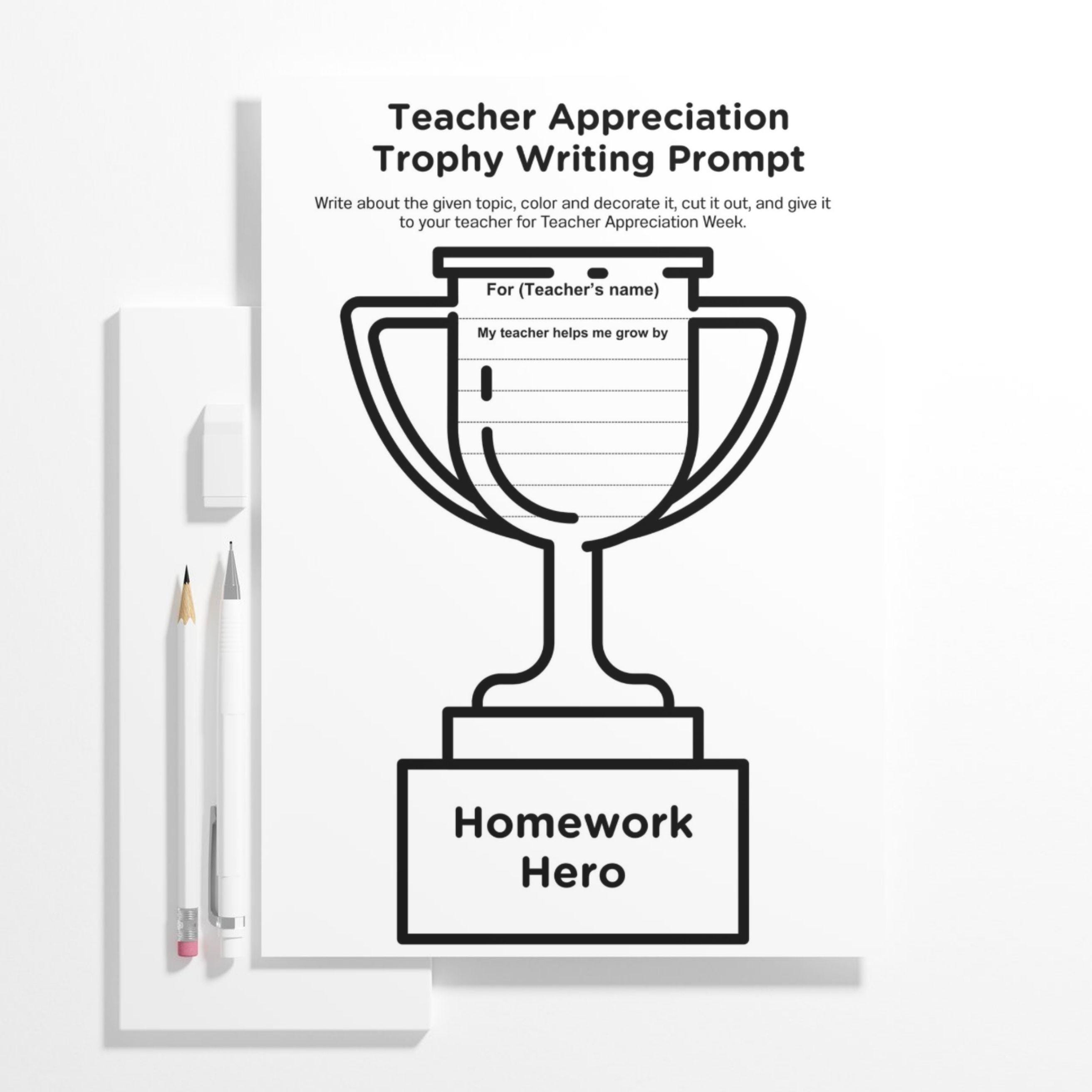 Teacher Appreciation Trophy Creative Writing Worksheet for Kids, 2nd ...