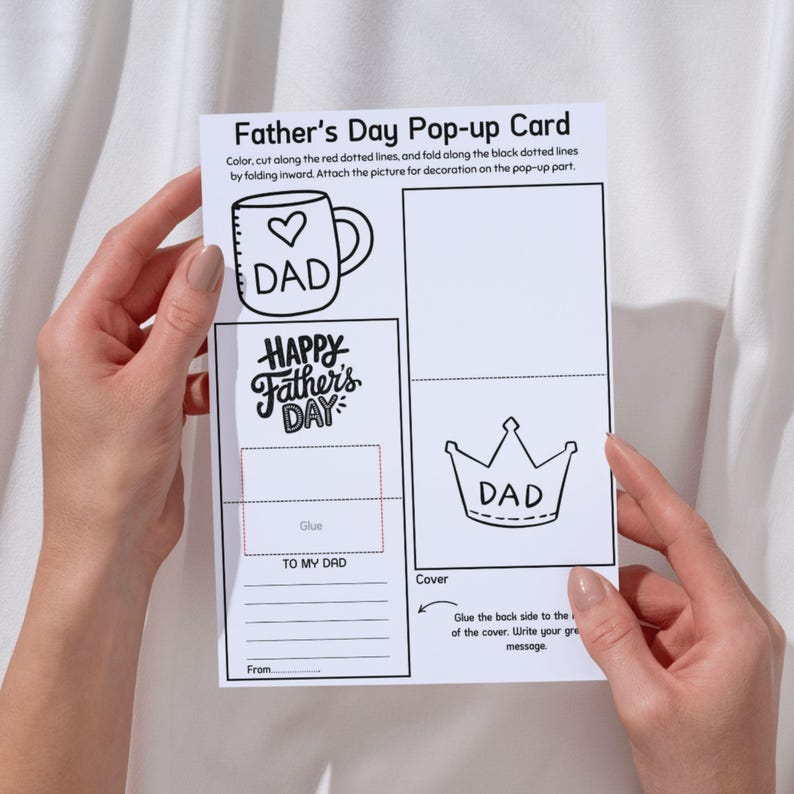 Father's Day Pop-up Card, Coloring Craft Template for Kids, Father's ...
