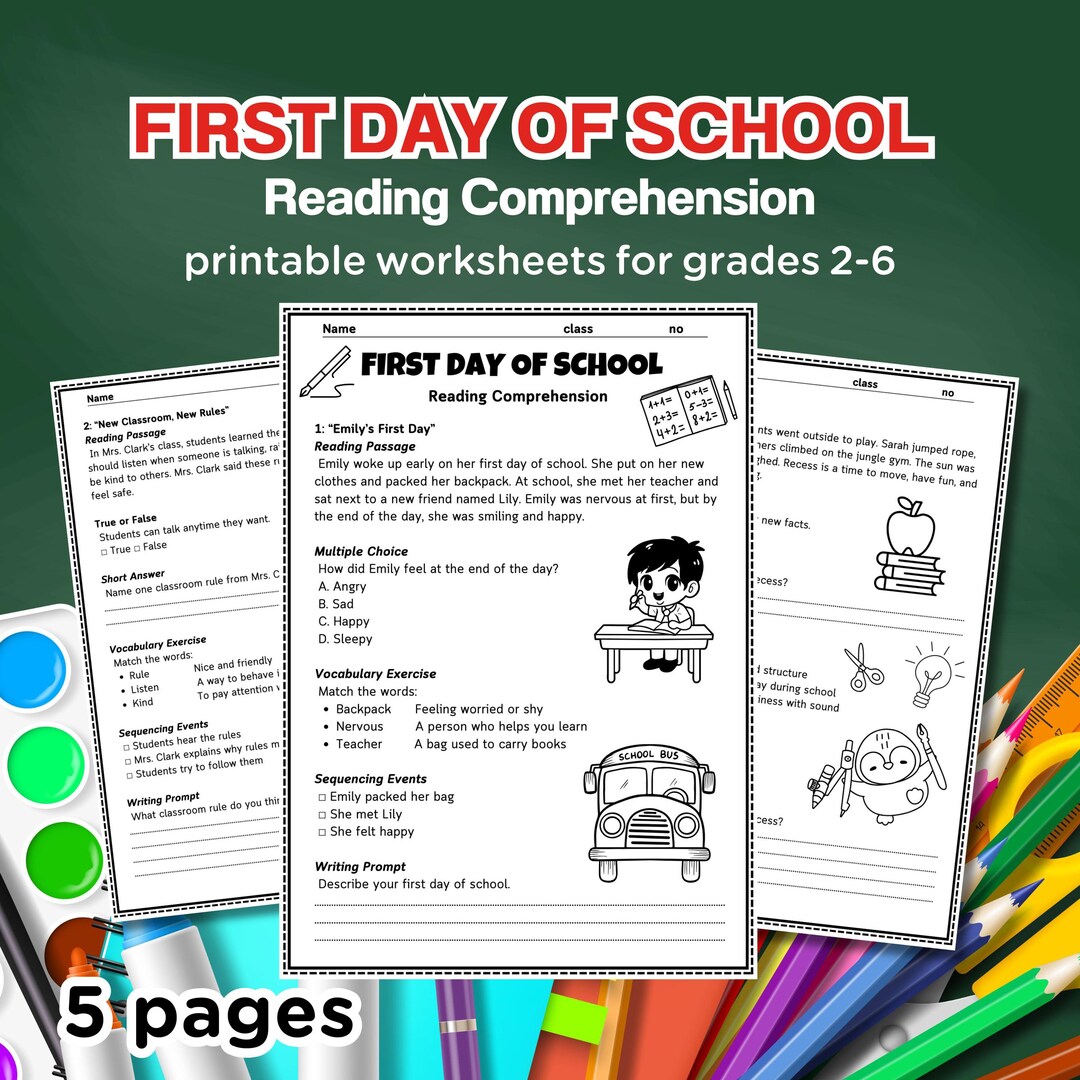 First Day of School Reading Comprehension Worksheets for Grades 2–6 ...