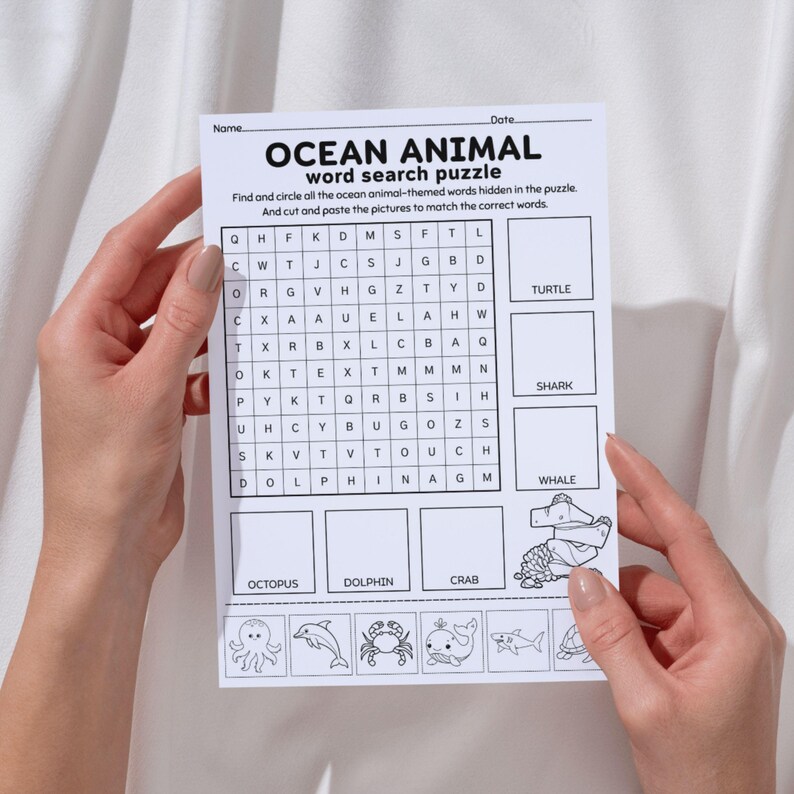 Ocean Animal Word Search Puzzle for Kids, Cut and Paste Activity ...