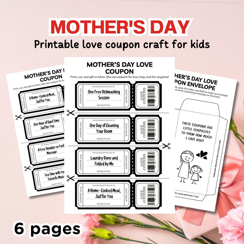 Mother’s Day Love Coupons, Printable Coloring Craft for Kids, Coupon ...
