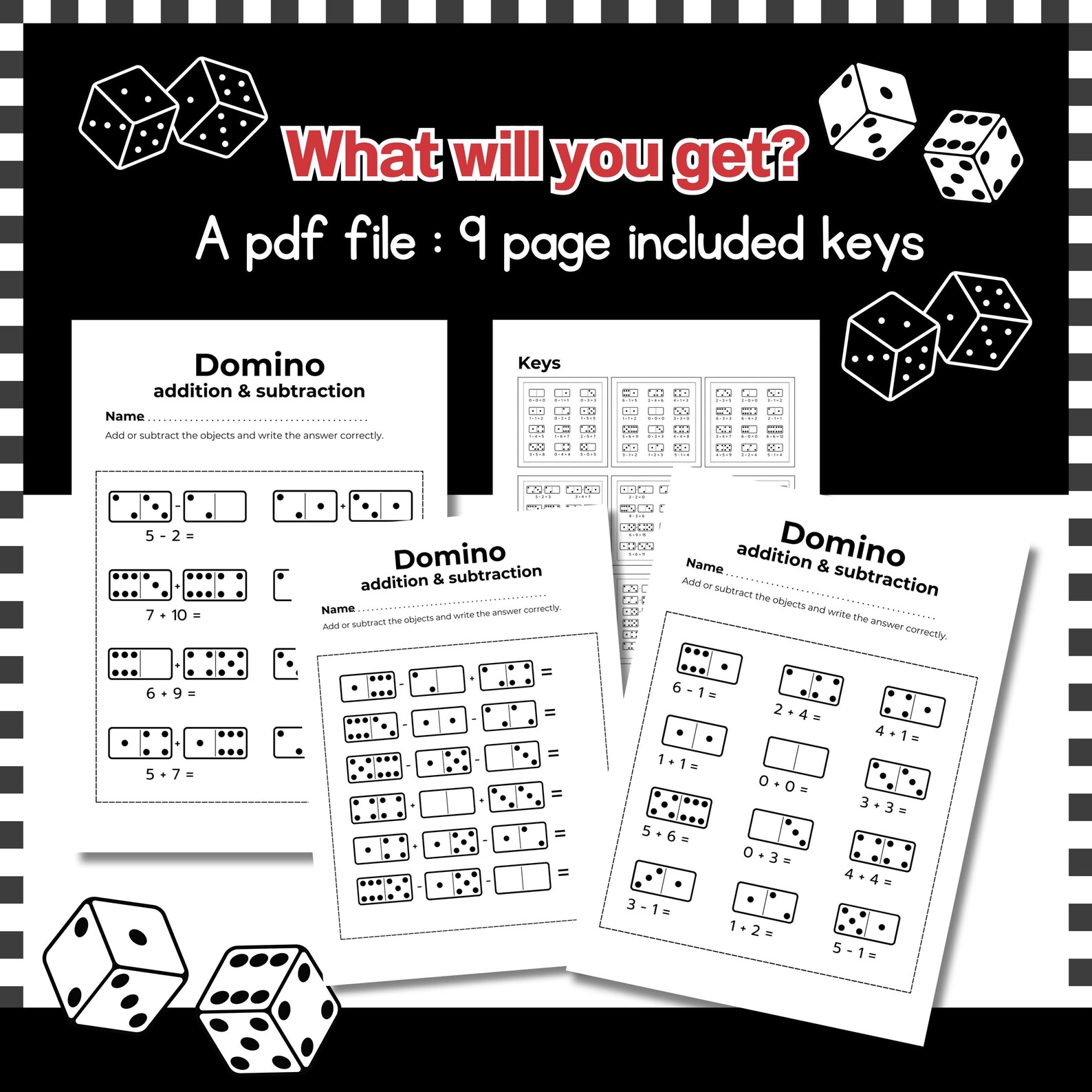 Domino Addition and Subtraction Worksheets for Kindergarten to 1st ...