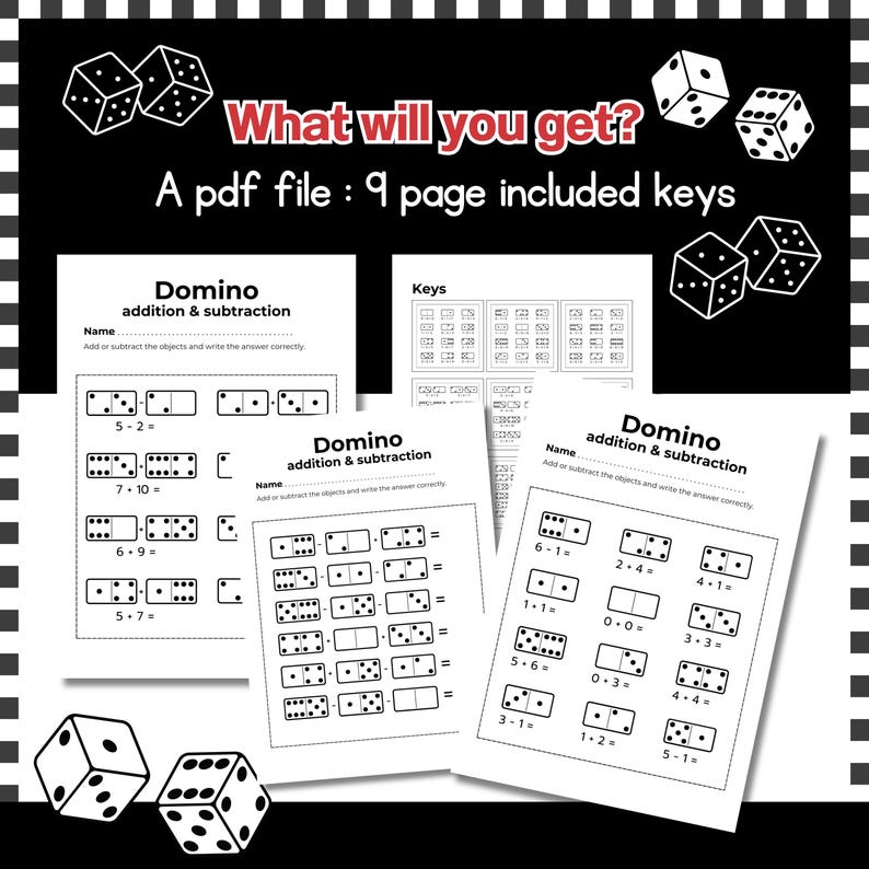 Domino Addition and Subtraction Worksheets for Kindergarten to 1st ...