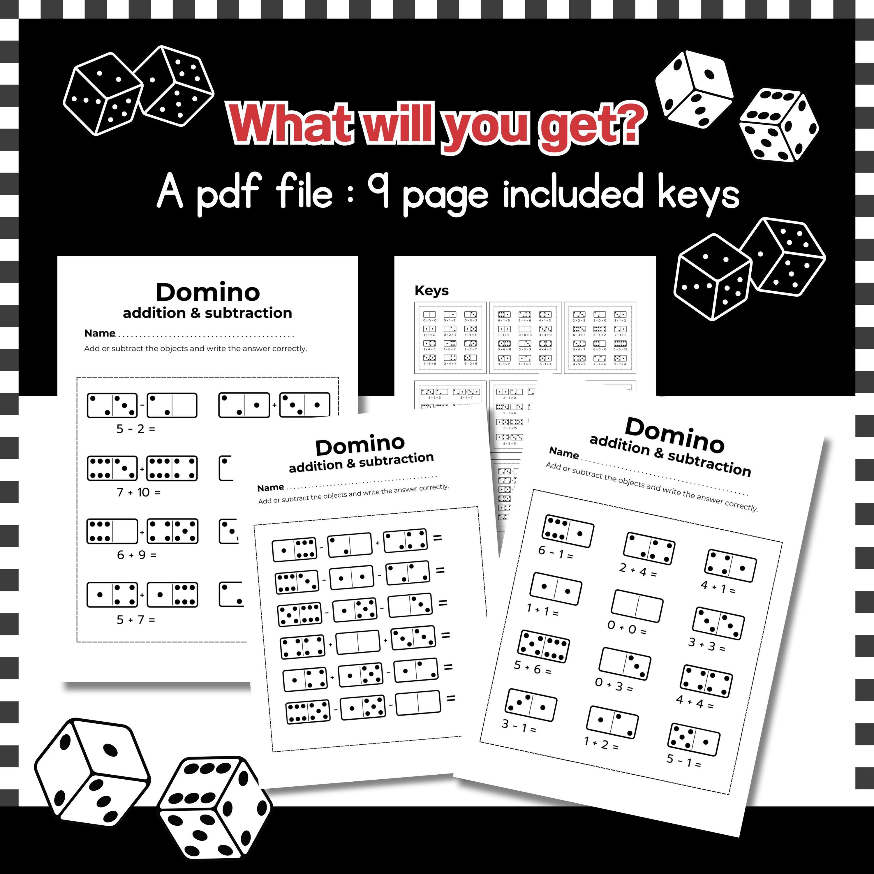 Domino Addition and Subtraction Worksheets for Kindergarten to 1st ...