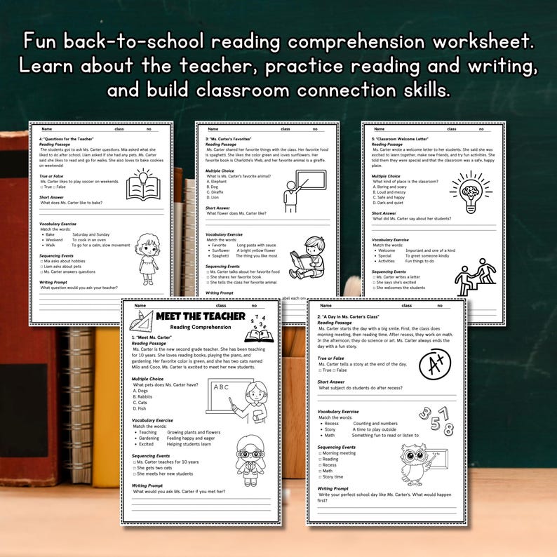 Meet the Teacher Reading Comprehension Worksheets: Grades 2-6 (PDF ...
