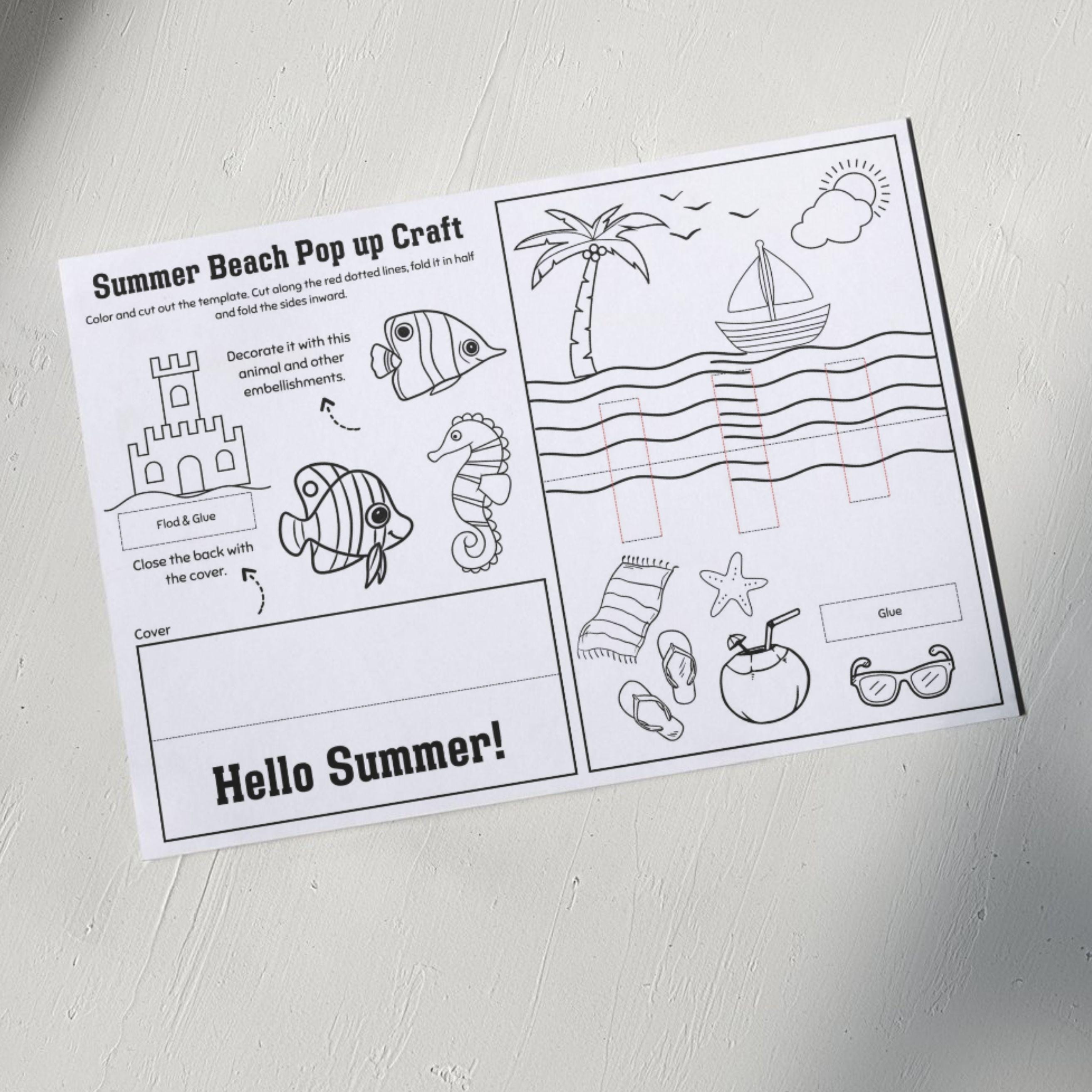 Summer Beach Pop-up Craft for Kids, Summer Coloring Activity, Beach ...