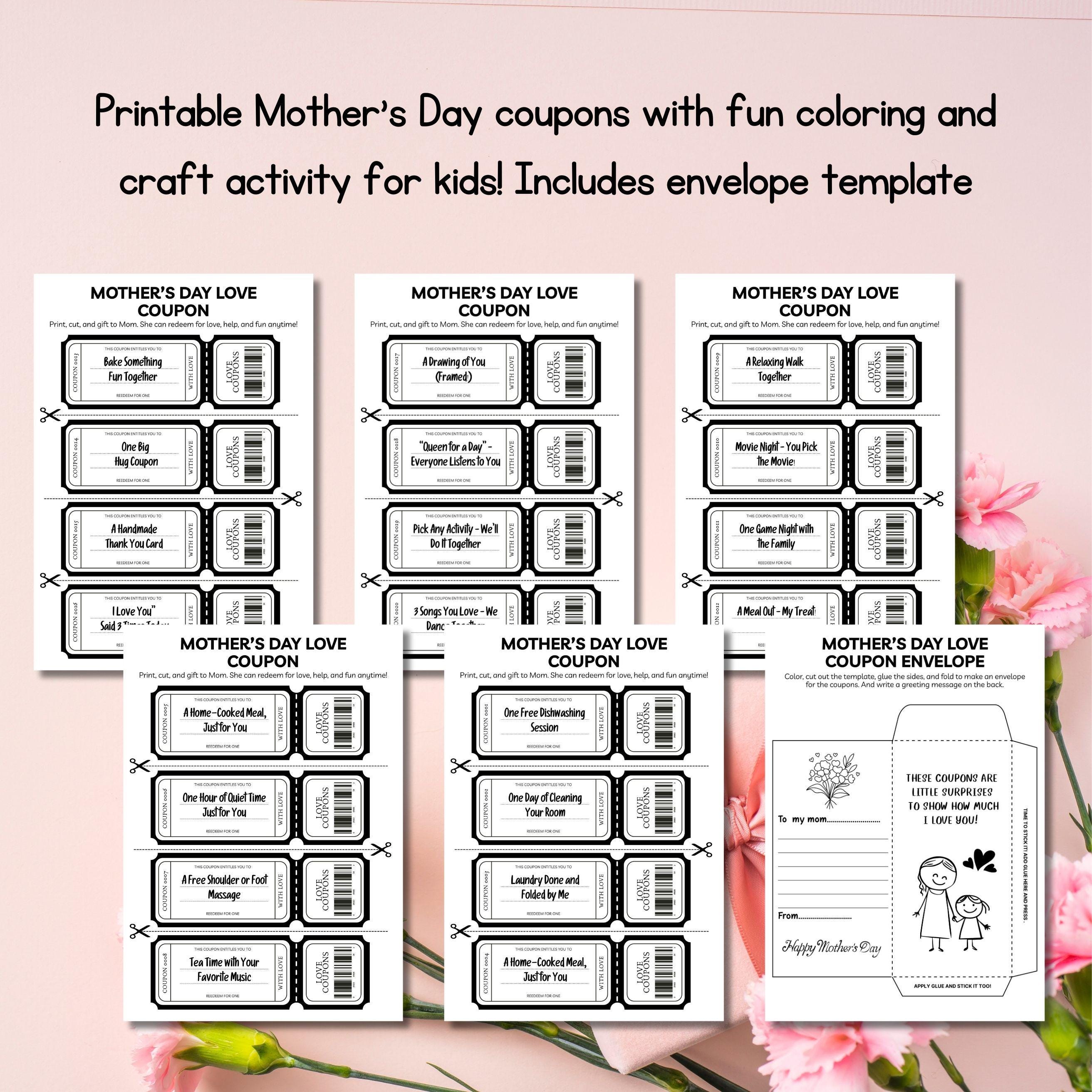 Mother’s Day Love Coupons, Printable Coloring Craft for Kids, Coupon ...