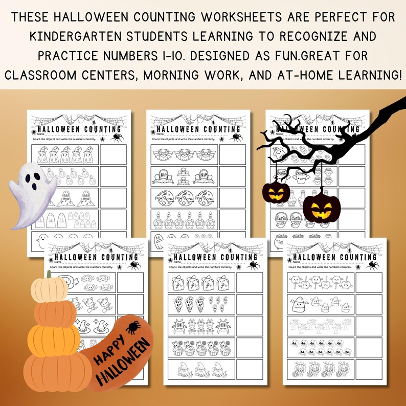 Halloween Counting Worksheets for Kindergarten | Fun 1–10 Number ...